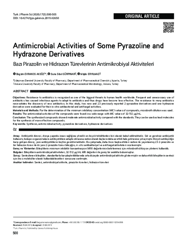 (PDF) Antimicrobial Activities of Some Pyrazoline and Hydrazone Derivatives
