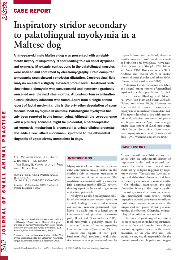 (PDF) Inspiratory stridor secondary to palatolingual myokymia in a ...