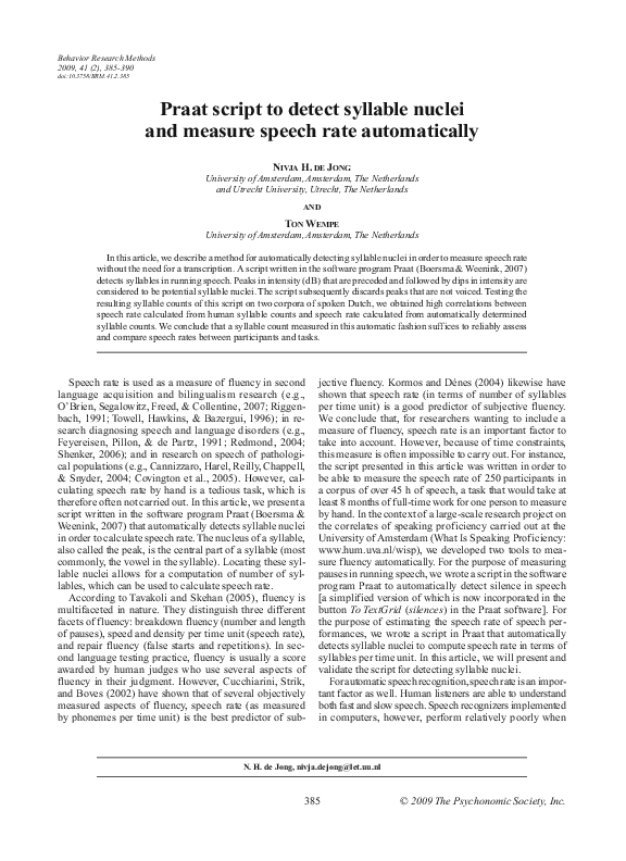 (PDF) Praat script to detect syllable nuclei and measure speech rate automatically
