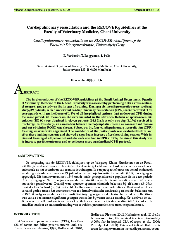 (PDF) Cardiopulmonary resuscitation and the RECOVER guidelines at the ...