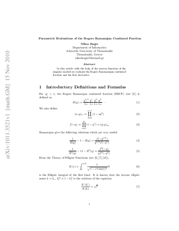 (PDF) Parametric Evaluations of the Rogers Ramanujan Continued Fraction