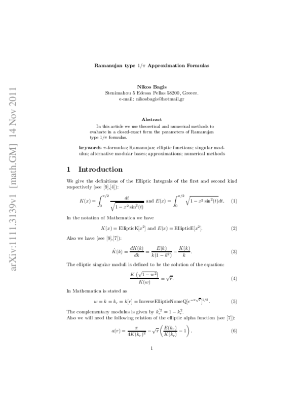 (PDF) Ramanujan type $1/\pi$ Approximation Formulas (PDF) Ramanujan type $1/\pi$ Approximation Formulas