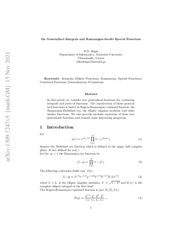 (PDF) On Generalized Integrals and Ramanujan-Jacobi Special Functions