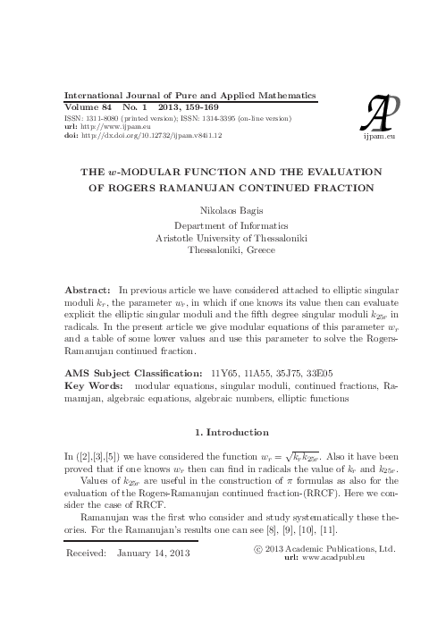 (PDF) THE w-MODULAR FUNCTION AND THE EVALUATION
