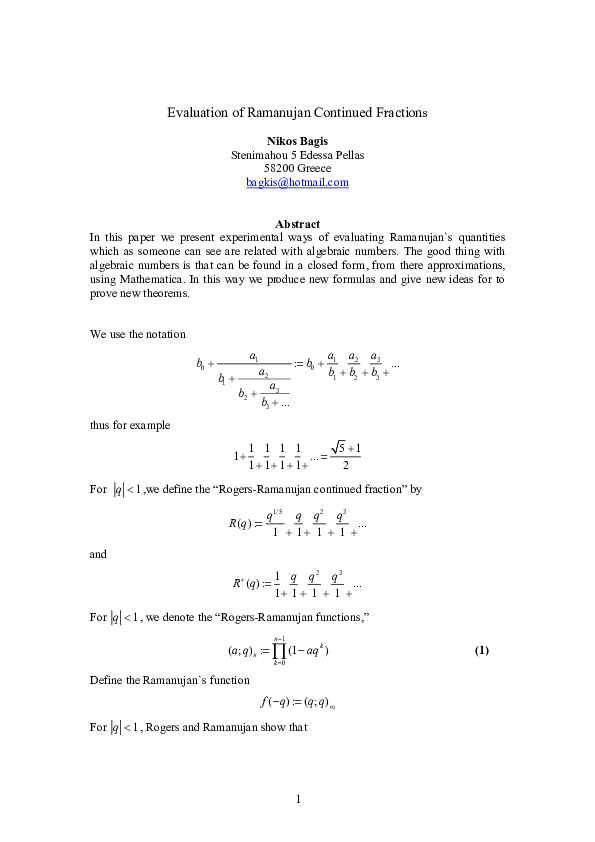 (PDF) Evaluations of Ramanujan Continued Fractions