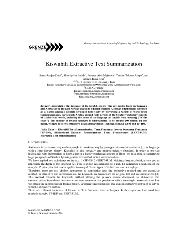 Pdf Kiswahili Extractive Text Summarization