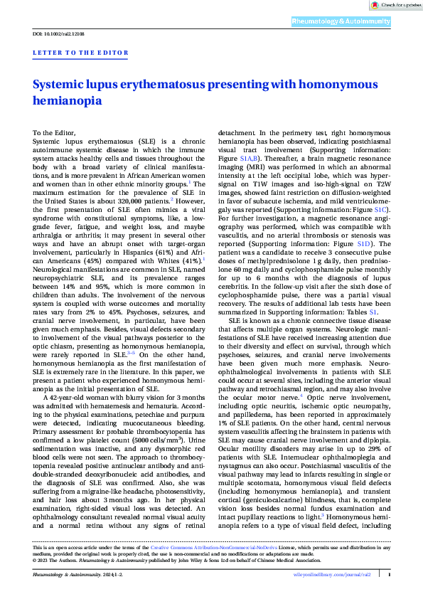 (PDF) Systemic lupus erythematosus presenting with homonymous hemianopia