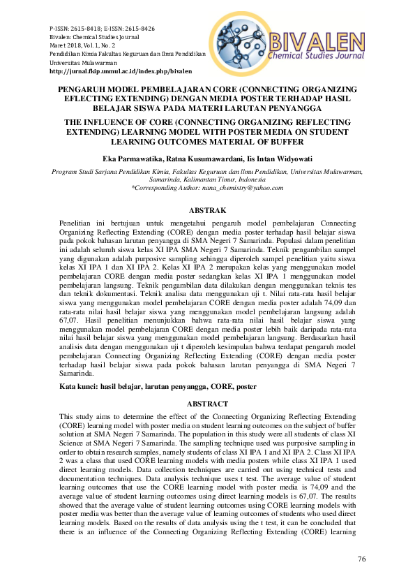 (PDF) Pengaruh model pembelajaran CORE (connecting organizing eflecting extending) dengan media ...