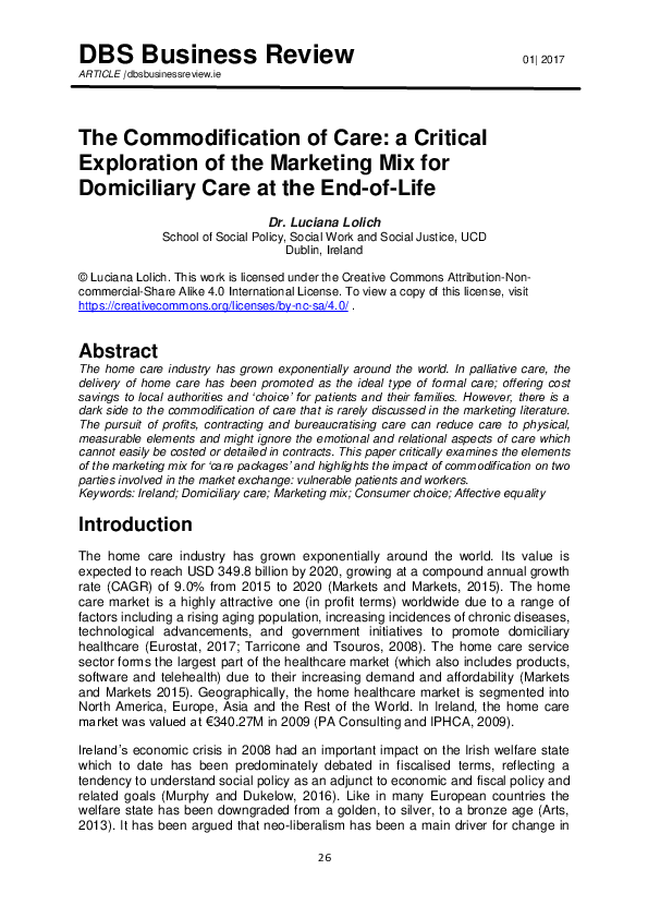 (PDF) The Commodification of Care: a Critical Exploration of the ...