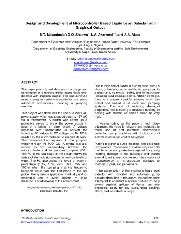 Pdf Design And Development Of Microcontroller Based Liquid Level Detector With Graphical Output