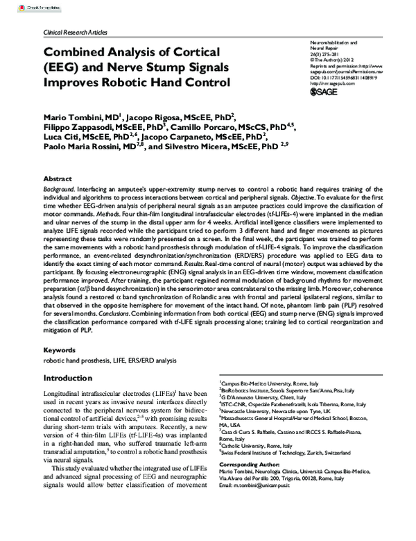 (PDF) Combined Analysis of Cortical (EEG) and Nerve Stump Signals Improves Robotic Hand Control
