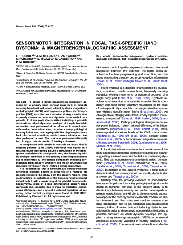 (PDF) Sensorimotor integration in focal task-specific hand dystonia: A ...