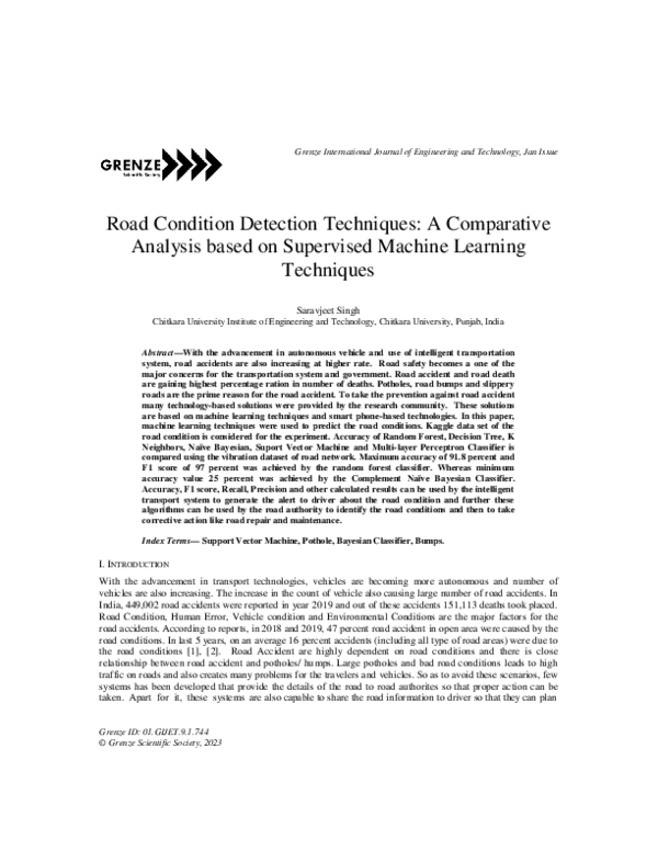 Pdf Road Condition Detection Techniques A Comparative Analysis Based On Supervised Machine