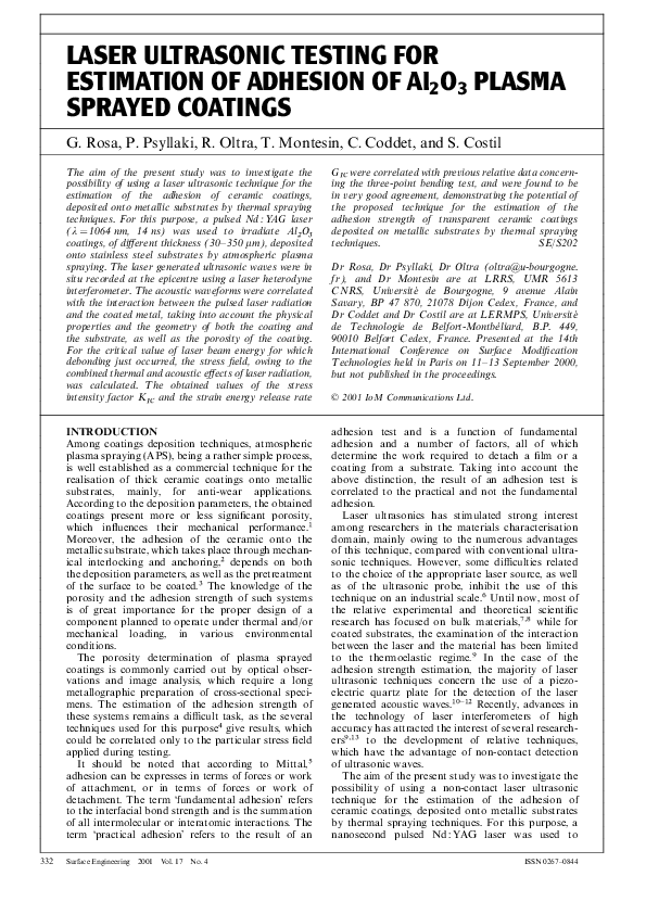 (PDF) Laser Ultrasonic Testing for Estimation of Adhesion of ...