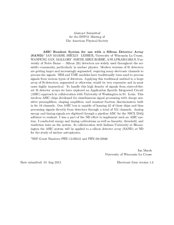 Pdf Asic Readout System For Use With A Silicon Detector Array Sand