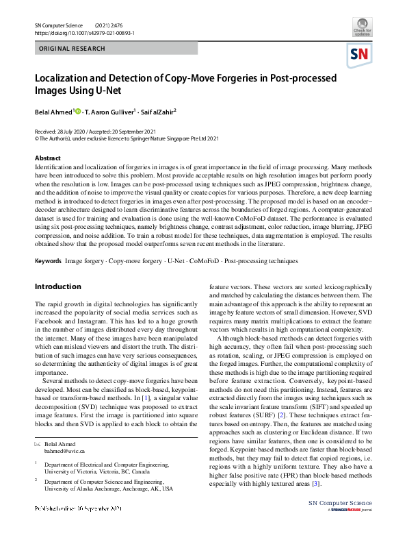 (PDF) Localization and Detection of Copy-Move Forgeries in Post-processed Images Using U-Net