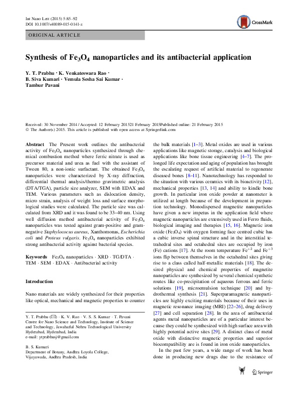 (PDF) Synthesis of Fe3O4 nanoparticles and its antibacterial application