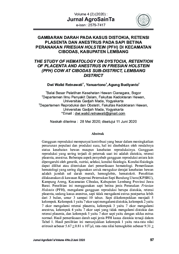 (PDF) Gambaran darah pada Kasus Distokia, Retensi Plasenta dan Anestrus ...