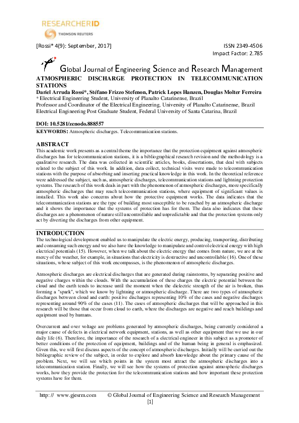 (PDF) Atmospheric Discharge Protection In Telecommunication Stations