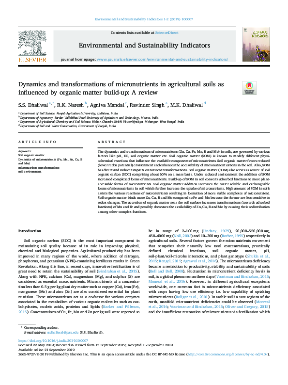 (PDF) Dynamics and transformations of micronutrients in agricultural soils as influenced by ...