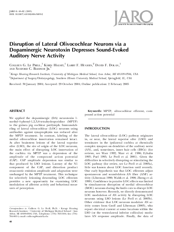 (PDF) Disruption of Lateral Olivocochlear Neurons via a Dopaminergic ...