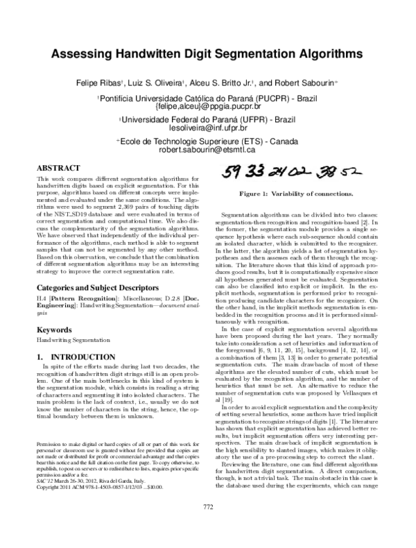 (PDF) Assessing handwitten digit segmentation algorithms