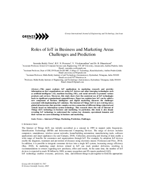 (PDF) Roles of IoT in Business and Marketing Areas Challenges and Prediction