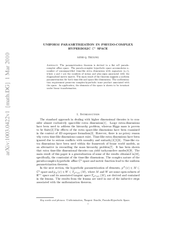 (PDF) Uniform Parametrization in Pseudo-Complex Hyperbolic Space