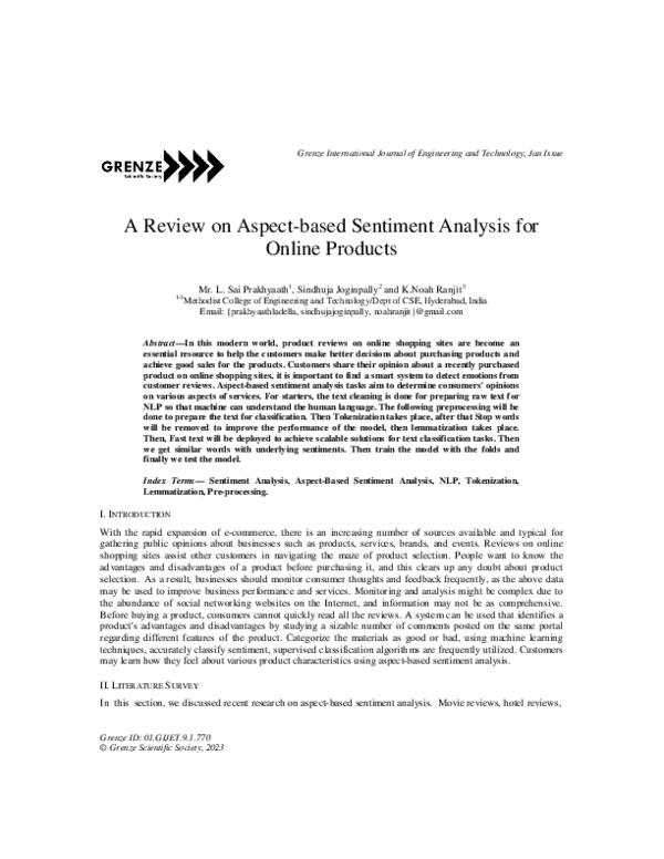 Pdf A Review On Aspect Based Sentiment Analysis For Online Products