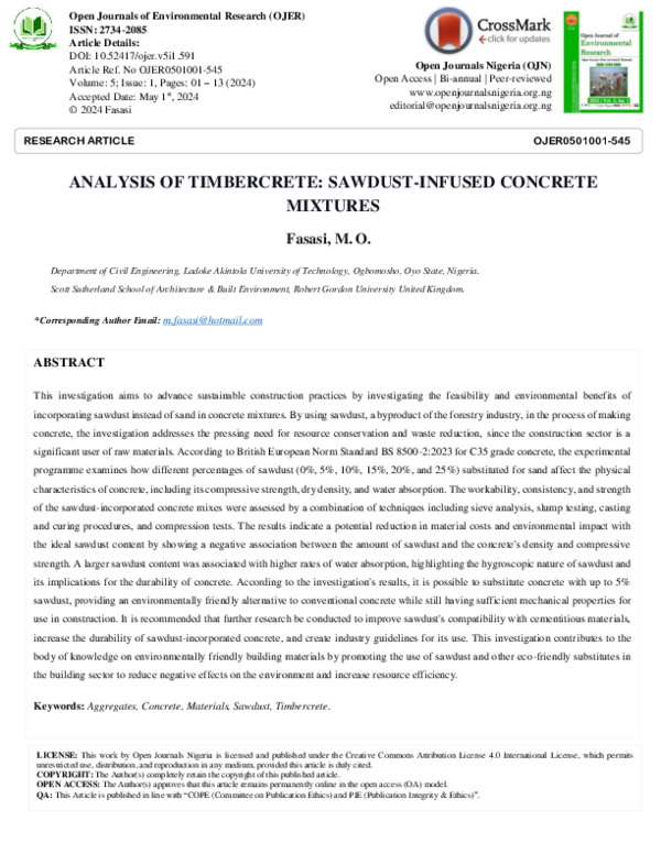 (PDF) ANALYSIS OF TIMBERCRETE: SAWDUST-INFUSED CONCRETE MIXTURES