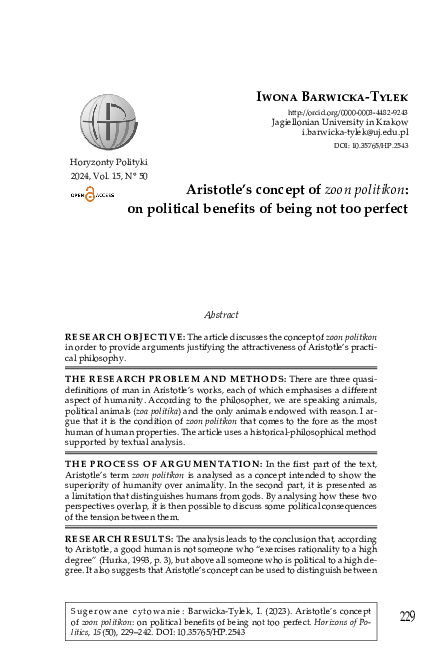 (PDF) Aristotle’s concept of zoon politikon: on political benefits of ...