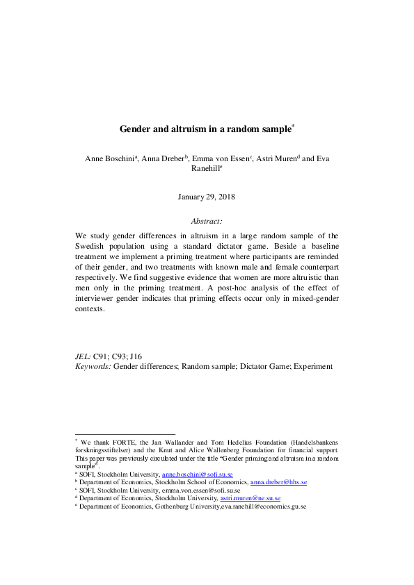 (PDF) Gender and altruism in a random sample