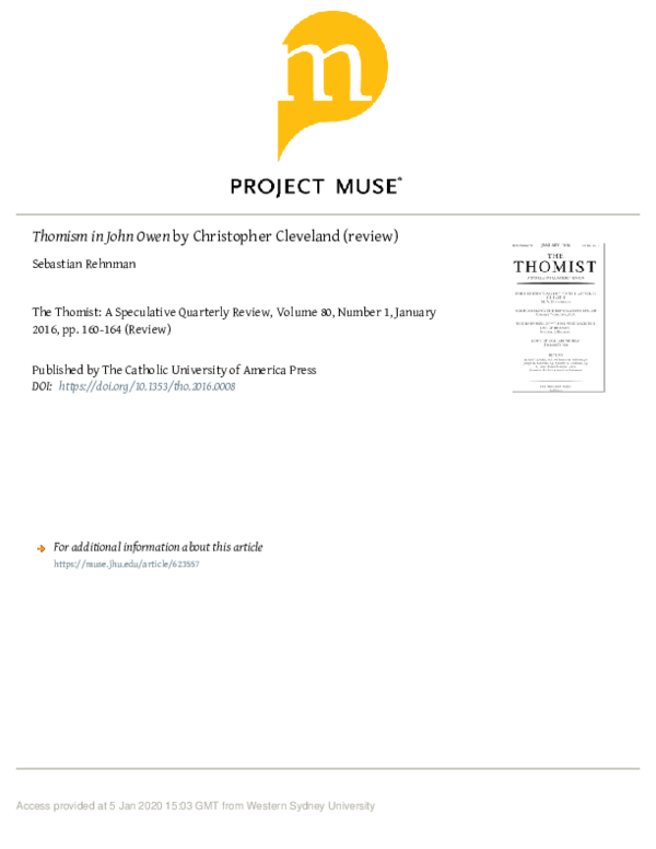 (PDF) Thomism in John Owen. By CHRISTOPHER CLEVELAND
