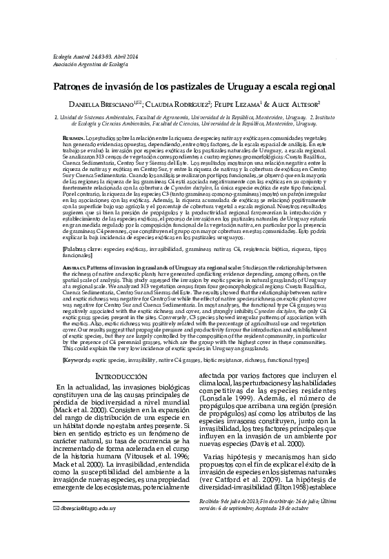 (PDF) Patterns of invasion in grasslands of Uruguay at a regional scale