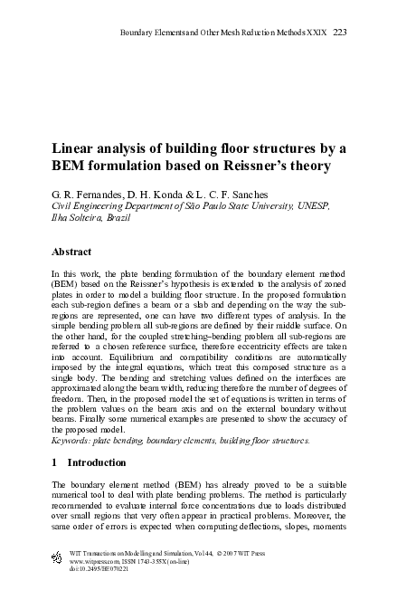 Pdf Linear Analysis Of Building Floor Structures By A Bem Formulation Based On Reissners Theory