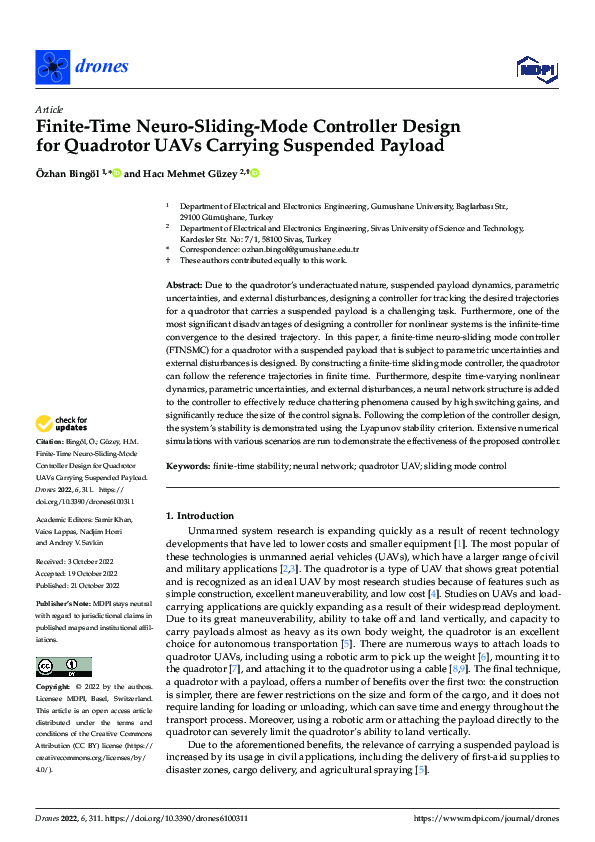 (PDF) Finite-Time Neuro-Sliding-Mode Controller Design for Quadrotor UAVs Carrying Suspended ...