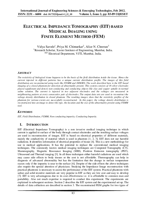 (PDF) Electrical Impedance Tomography (Eit) Based Medical Imaging Using Finite Element Method (Fem)