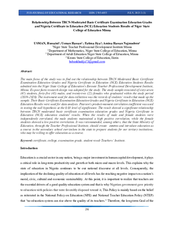 (PDF) Relationship Between TRCN Moderated Basic Certificate Examination ...