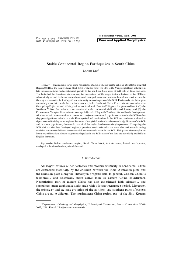 (PDF) Stable Continental Region Earthquakes in South China
