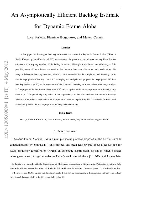 (PDF) An asymptotically efficient backlog estimate for dynamic frame aloha