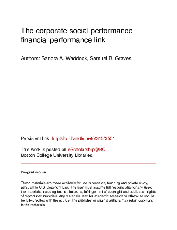 (PDF) The Corporate Social Performance–Financial Performance Link
