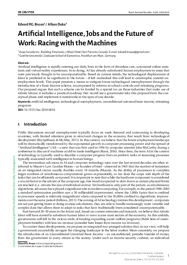 (PDF) Artificial Intelligence, Jobs and the Future of Work: Racing with ...