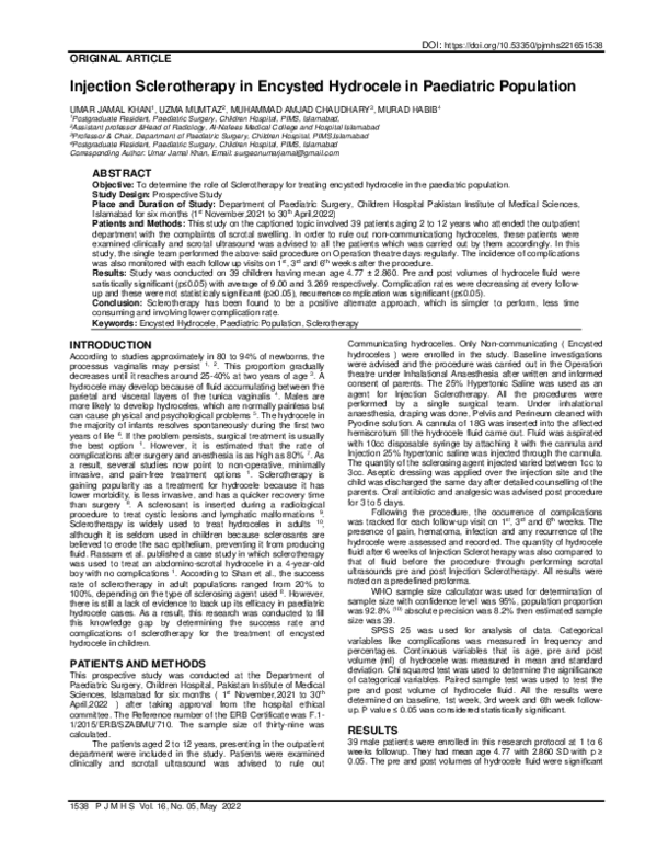 (PDF) Injection Sclerotherapy in Encysted Hydrocele in Paediatric ...