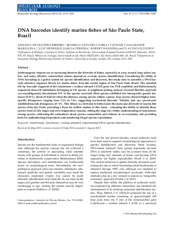 (PDF) DNA barcodes identify marine fishes of São Paulo State, Brazil ...