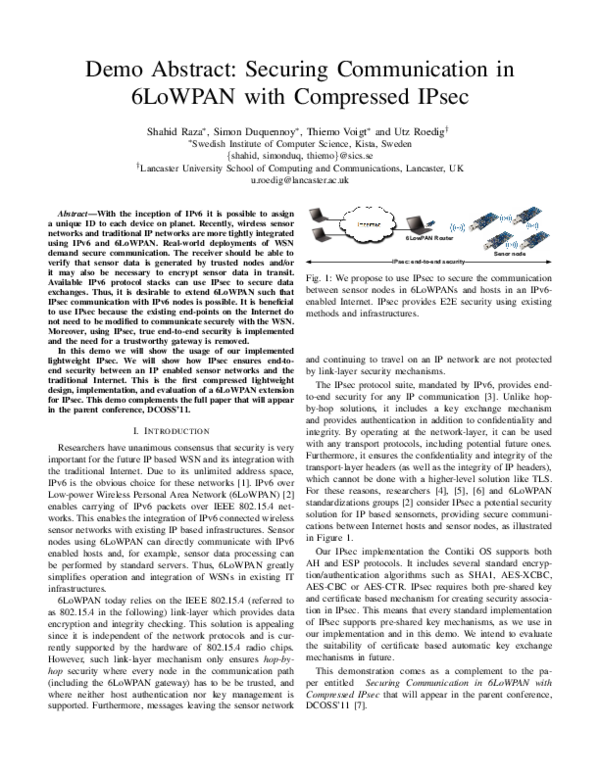 (PDF) Demo abstract: Securing communication in 6LoWPAN with compressed ...