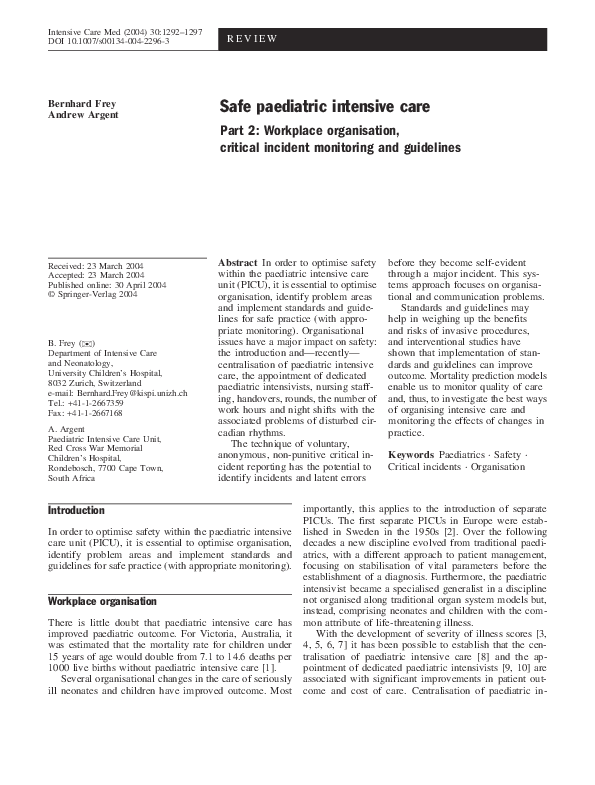 (PDF) Safe paediatric intensive care