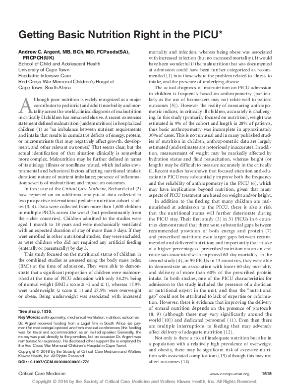 (PDF) Getting Basic Nutrition Right in the PICU*