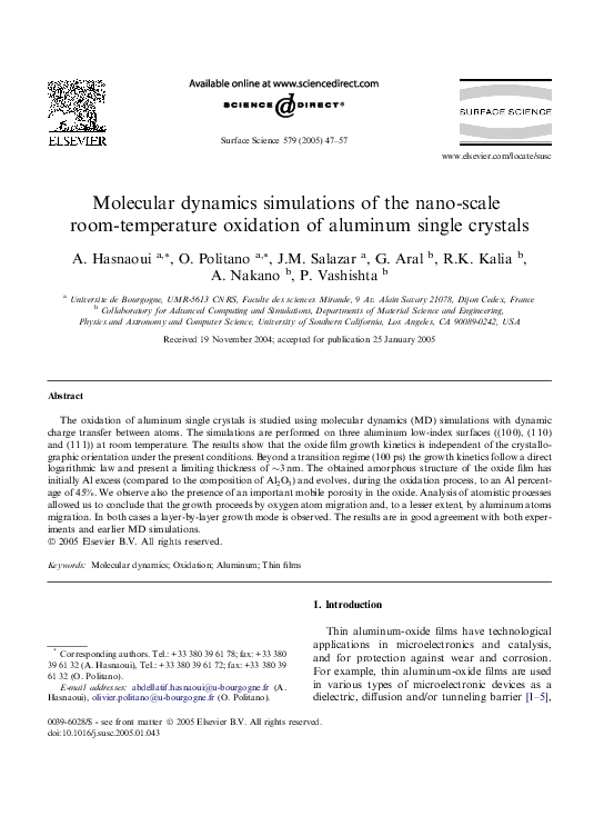 (PDF) Molecular dynamics simulations of the nano-scale room-temperature oxidation of aluminum ...