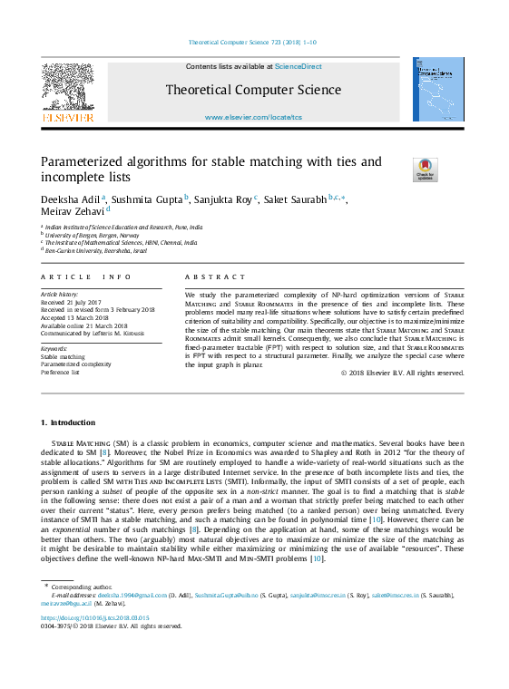 (PDF) Parameterized algorithms for stable matching with ties and ...