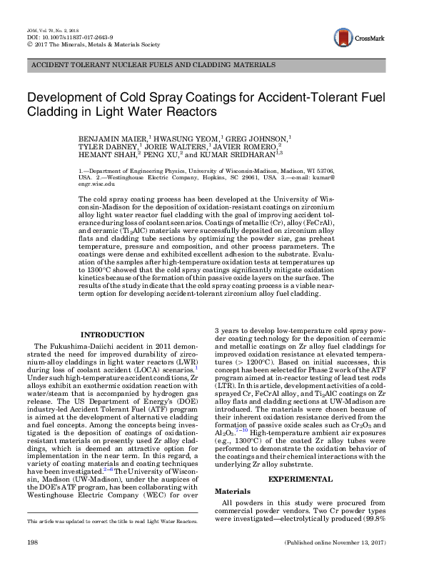 (PDF) Development of Cold Spray Coatings for Accident-Tolerant Fuel Cladding in Light Water ...